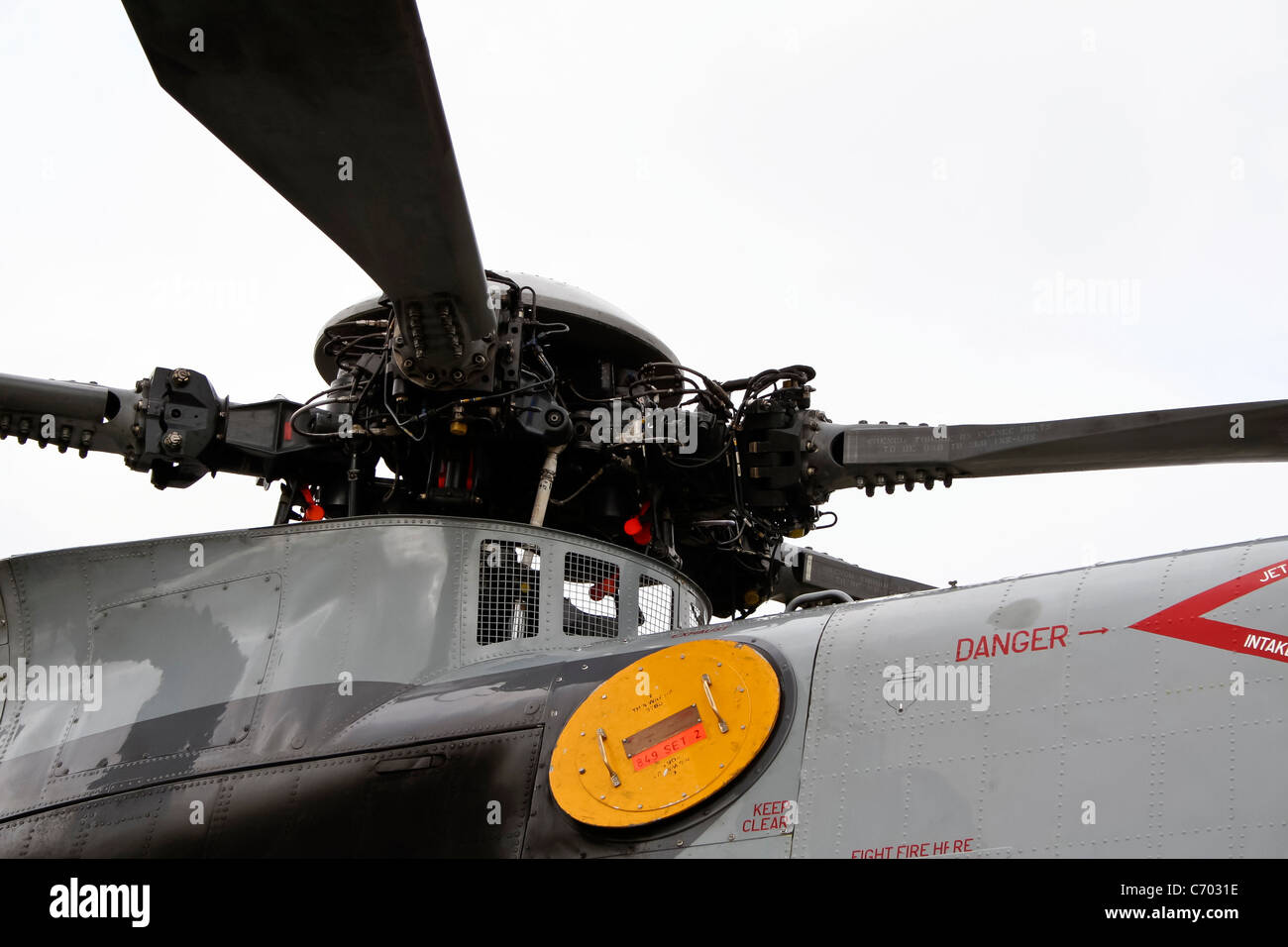 A detailed view of a helicopter rotor blade assembly, focusing on the ...