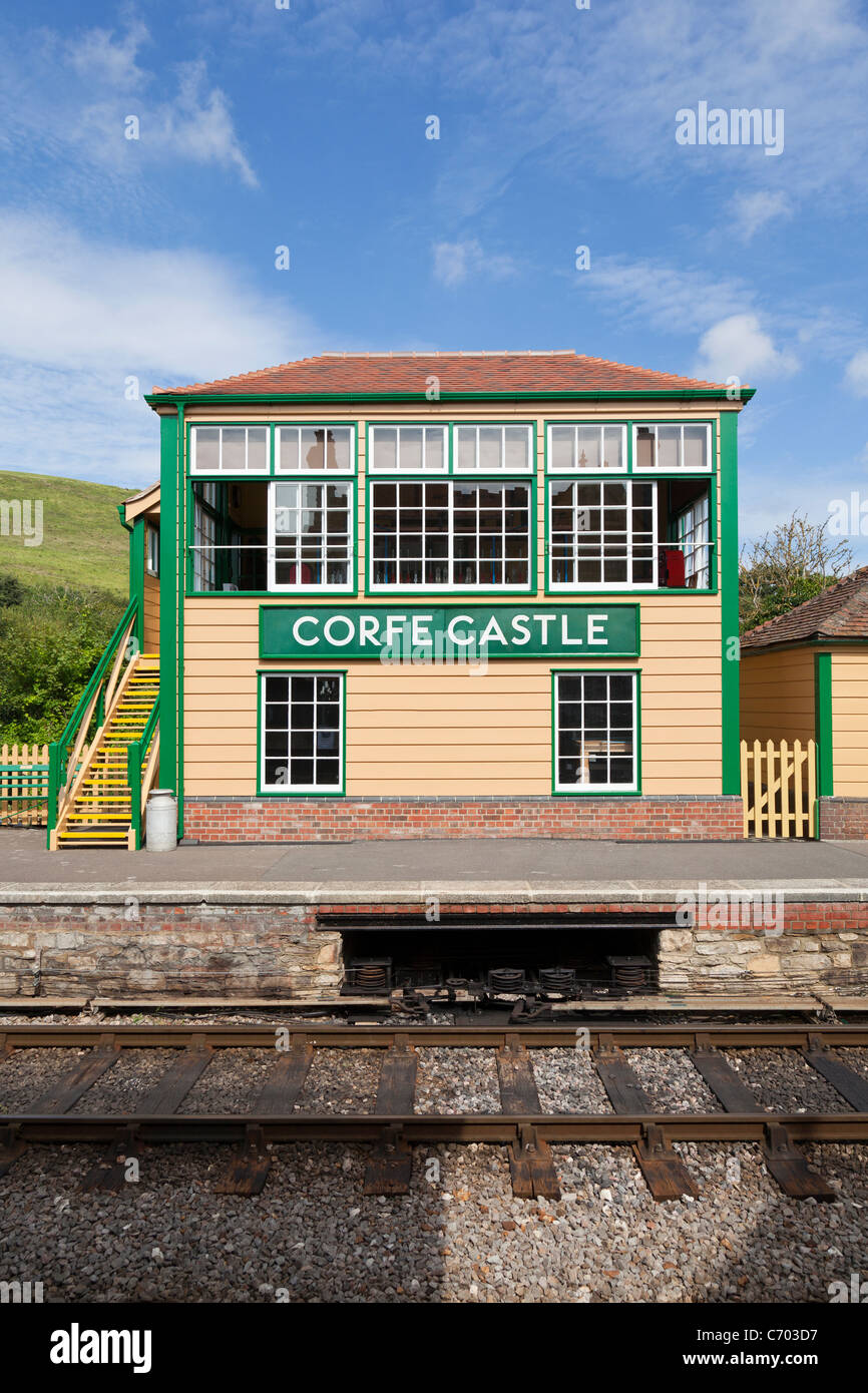 The signal box at Corfe Castle steam railway station, August 2011 Stock ...