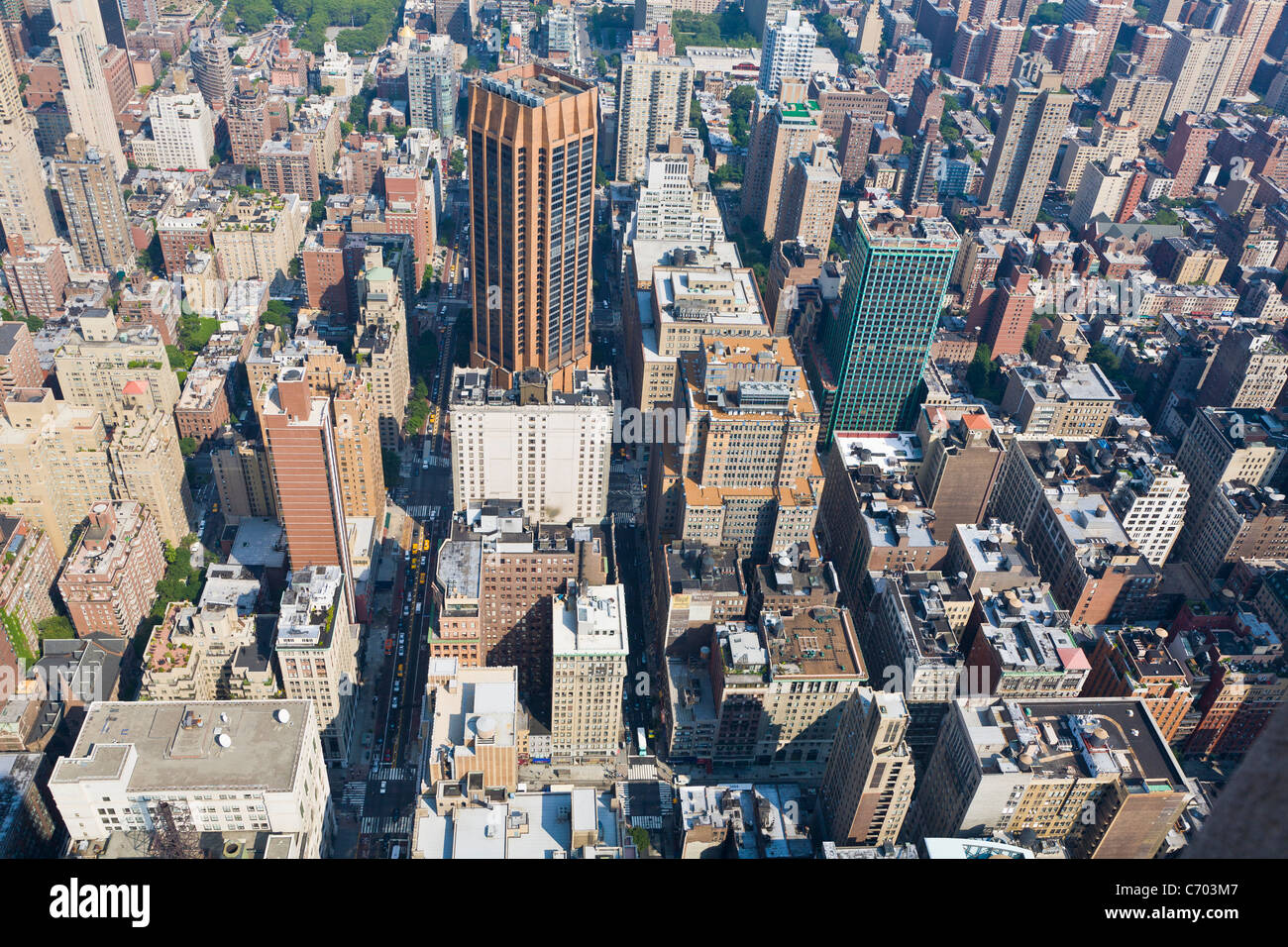 Looking down on Manhattan buildings from the top of Empire State ...