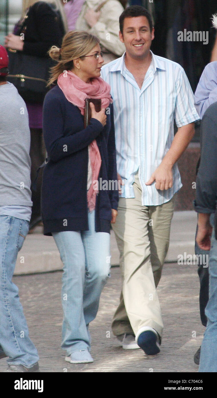 Actors Jennifer Aniston and Adam Sandler filming their new movie 'Just ...