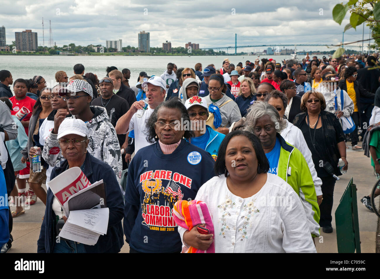 Detroit, Michigan - A crowd on the River Walk next to the Detroit River ...