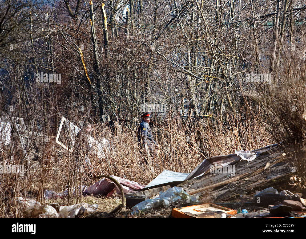 Police blocking the plane crash site at Severny military airport and ...
