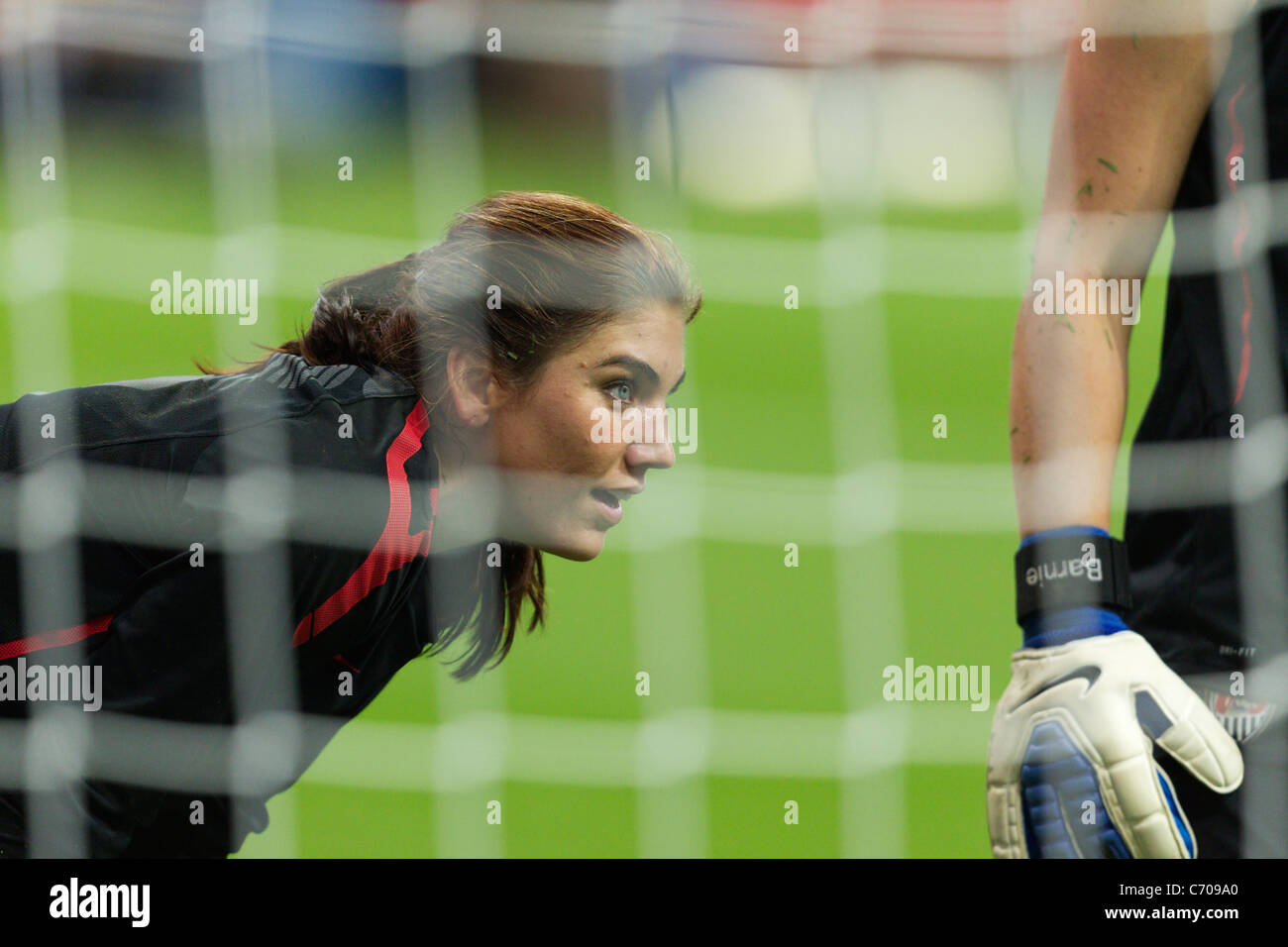Goalkeeper Hope Solo of the United States warms up before the FIFA ...