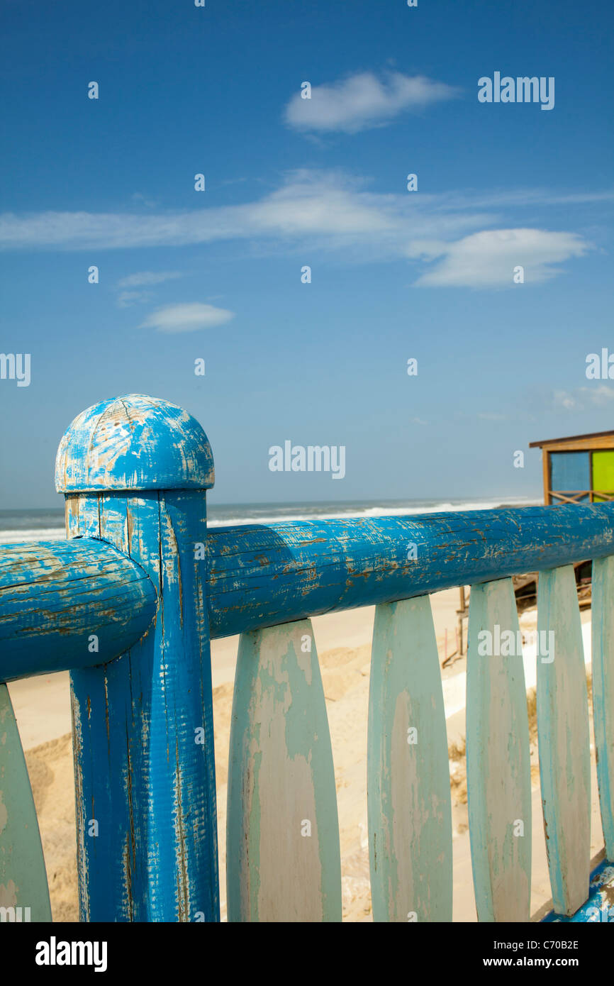 Close up of wooden railing on beach Stock Photo - Alamy