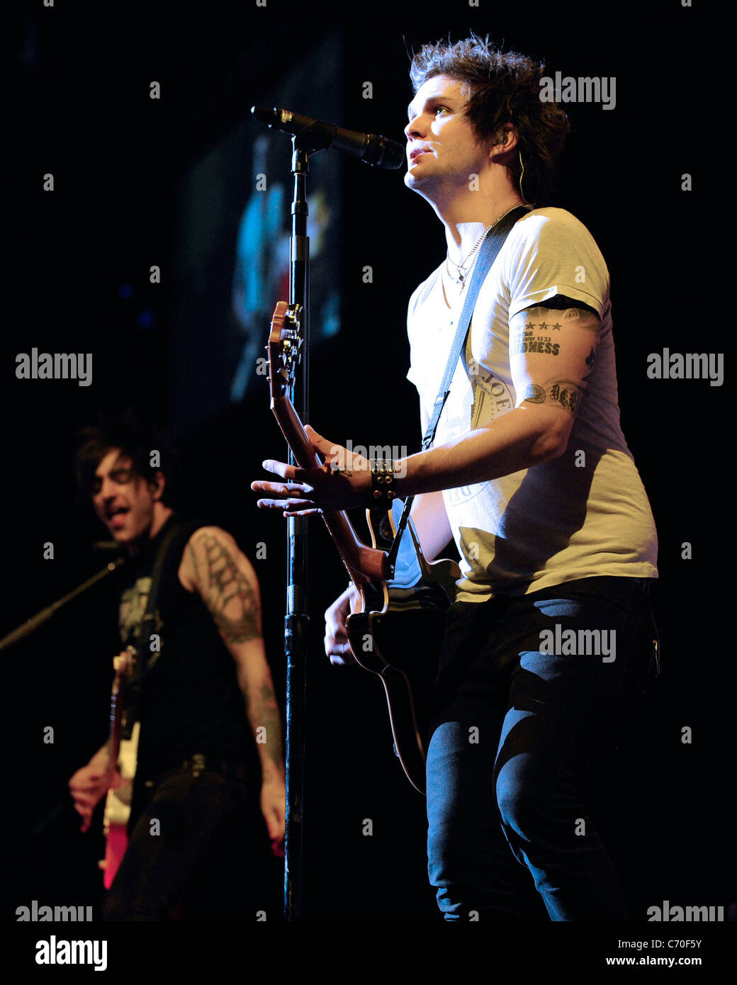 Martin Johnson of the band, 'Boys Like Girls' performing live on stage ...