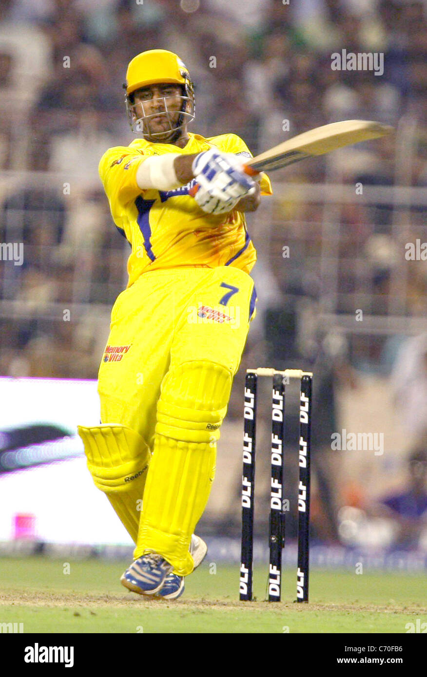 Chennai Super Kings player MS Dhoni play a shot during the match ...