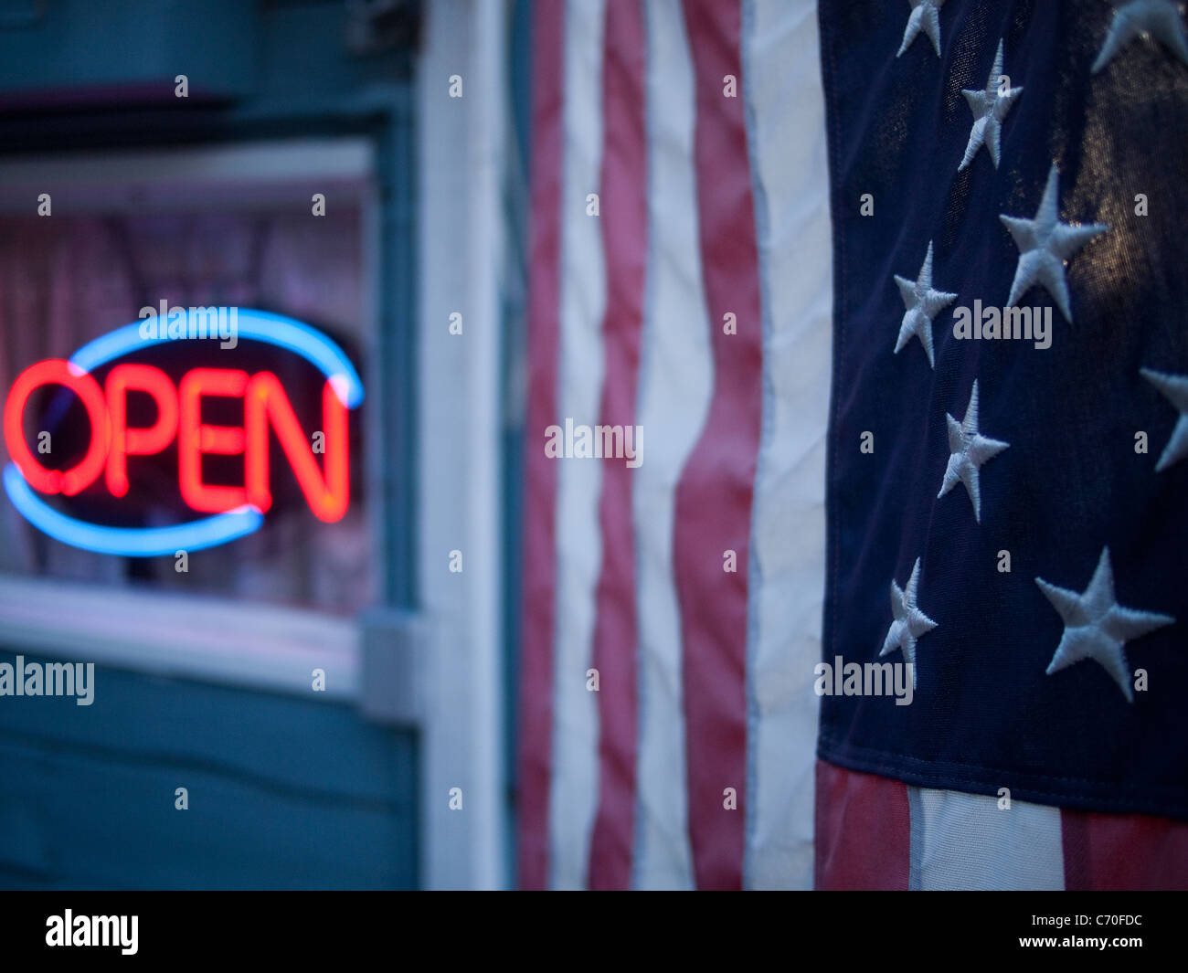 Stars and Stripes and Open Sign, USA Stock Photo - Alamy