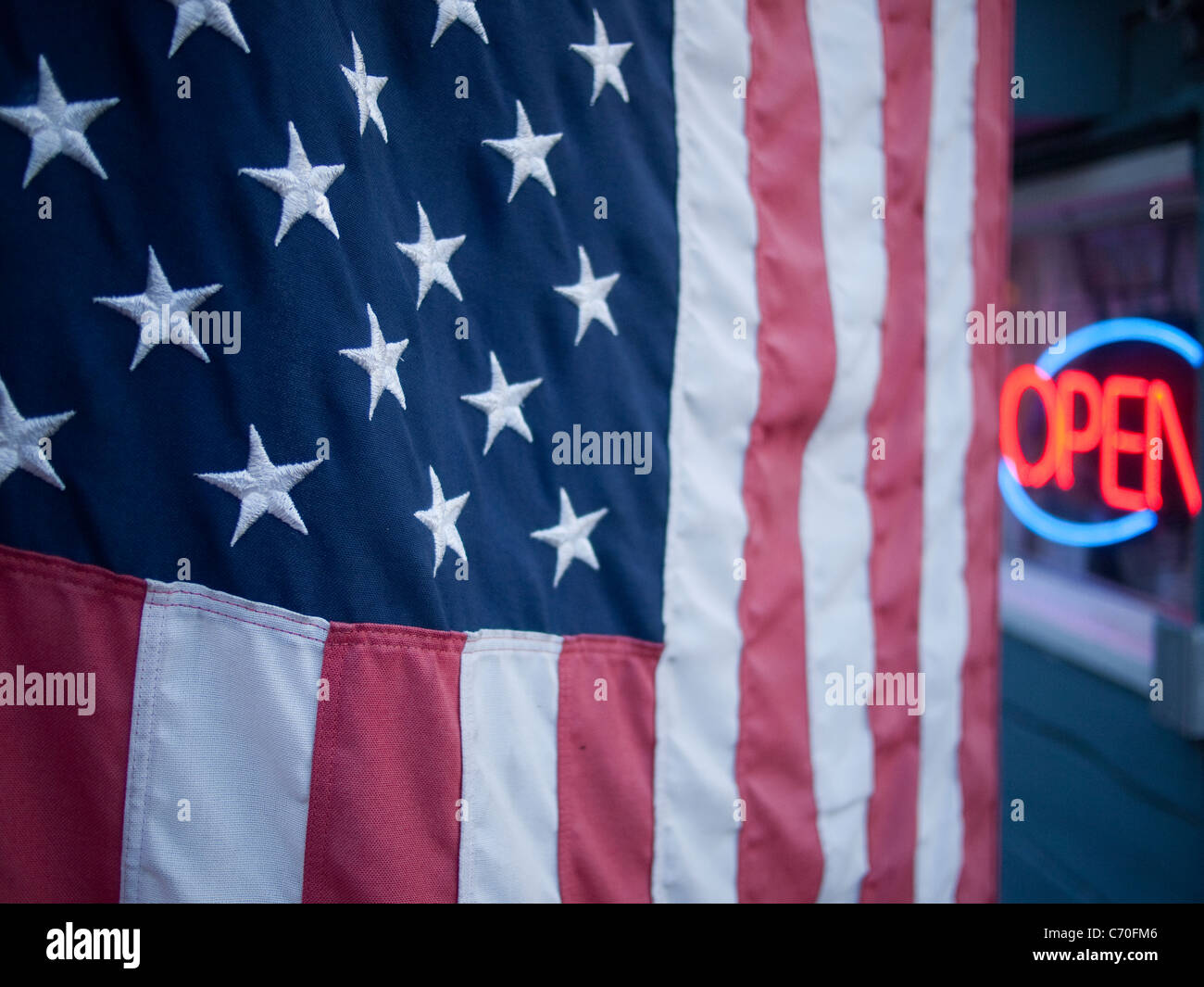 Stars and Stripes and Open Sign, USA Stock Photo - Alamy