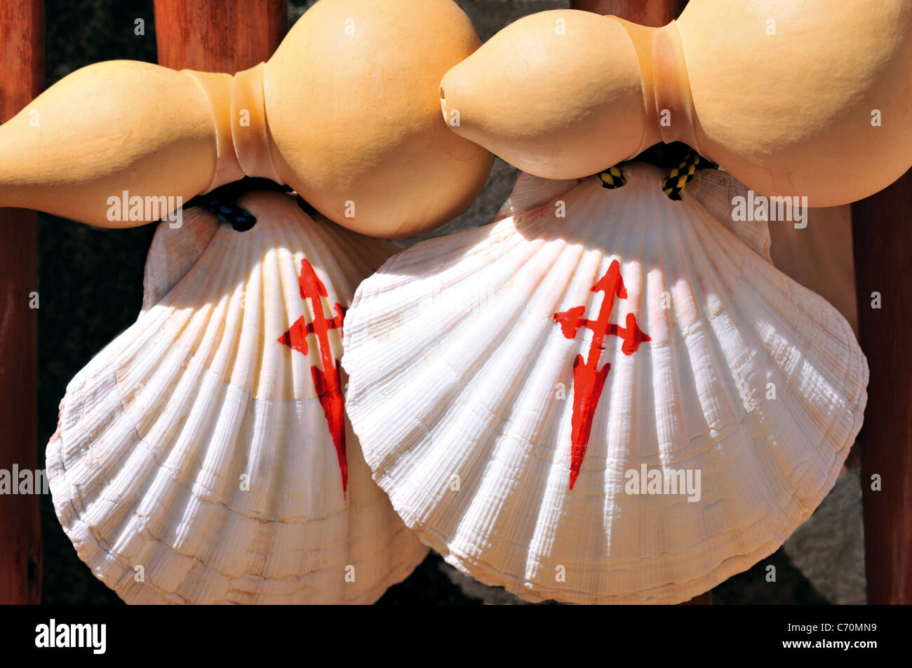 Spain, St. James Way: Shell, walking stick and gourd are the symbols of ...