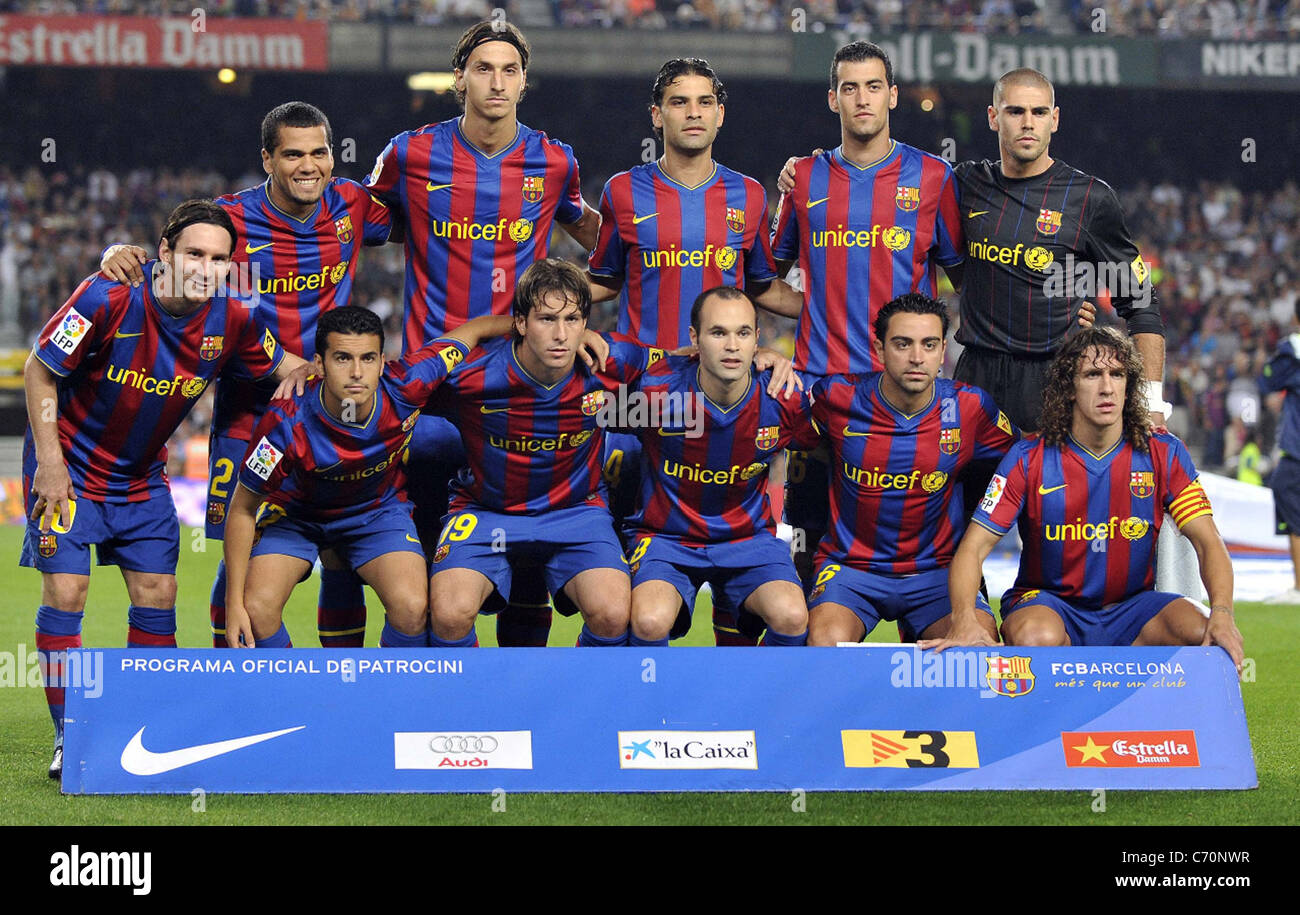 Barcelona Football Team standing from left: Messi--Alves--Ibrahimovic ...