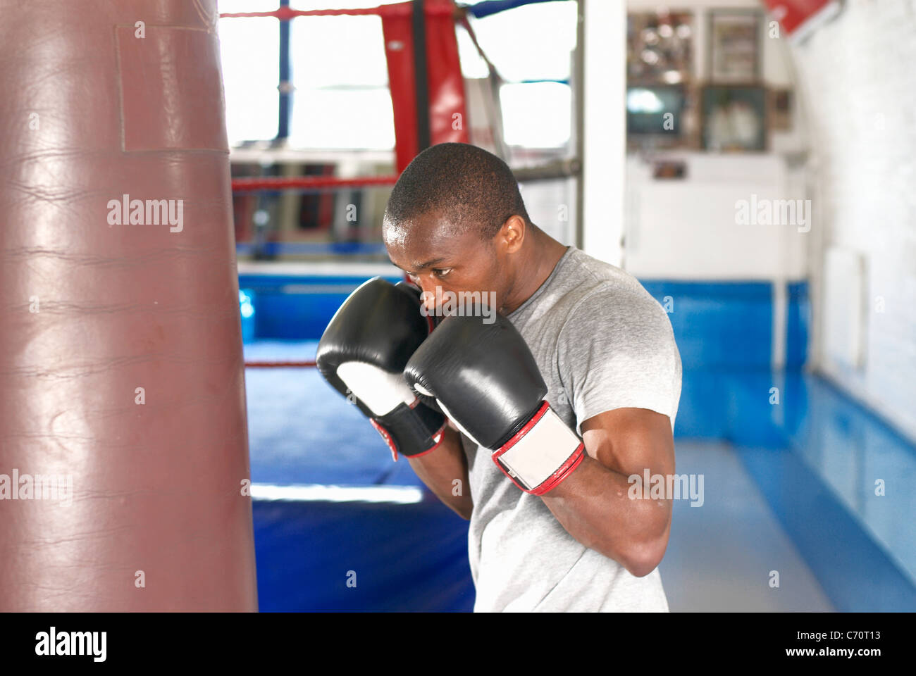 Boxer using punching bag in gym Stock Photo - Alamy