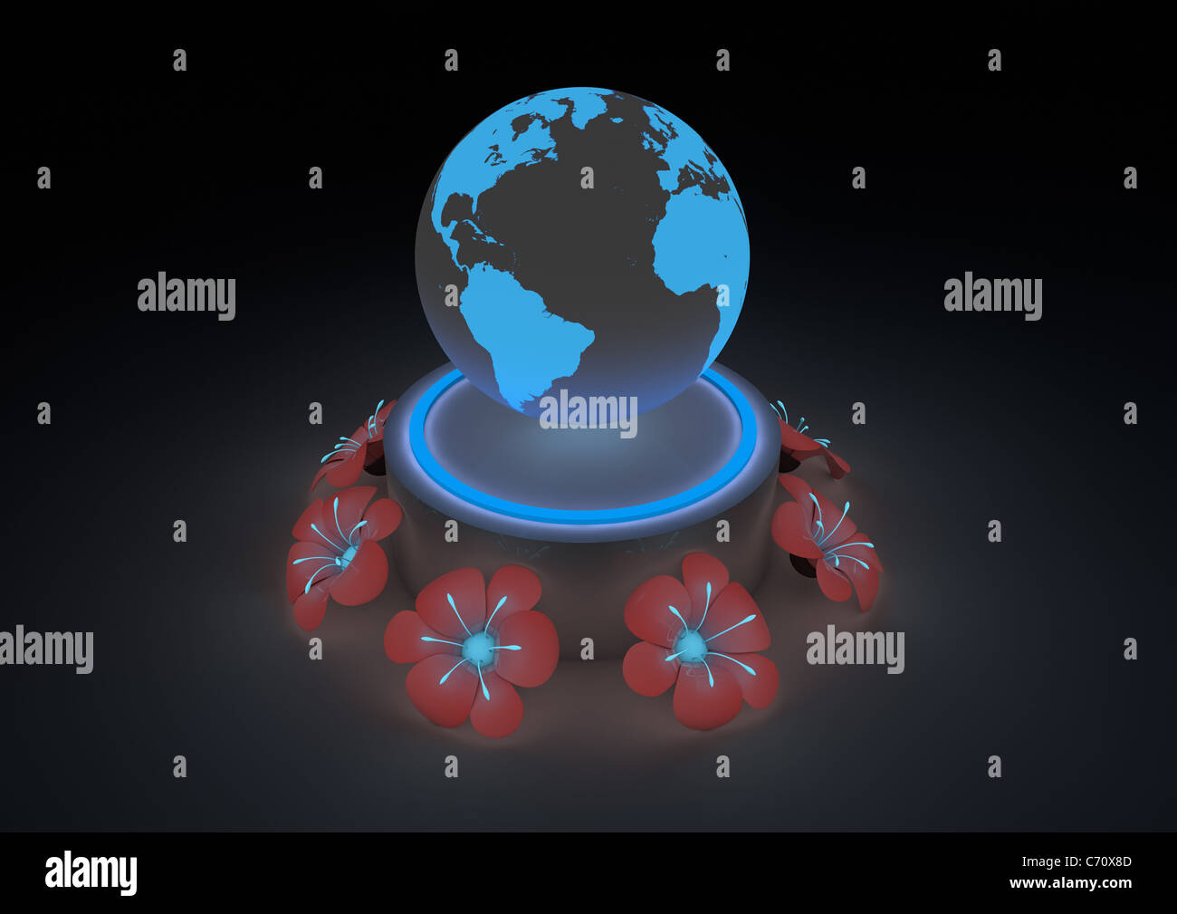 render of a futuristic scene with our planet and surrounding flowers ...