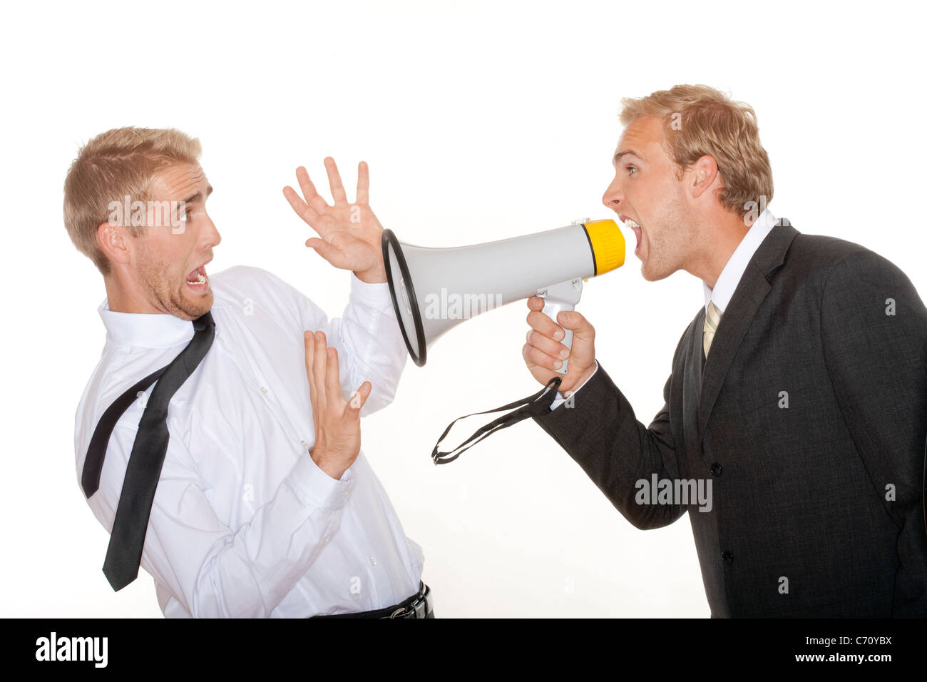 angry boss in suit yelling into a megaphone to scared employee ...