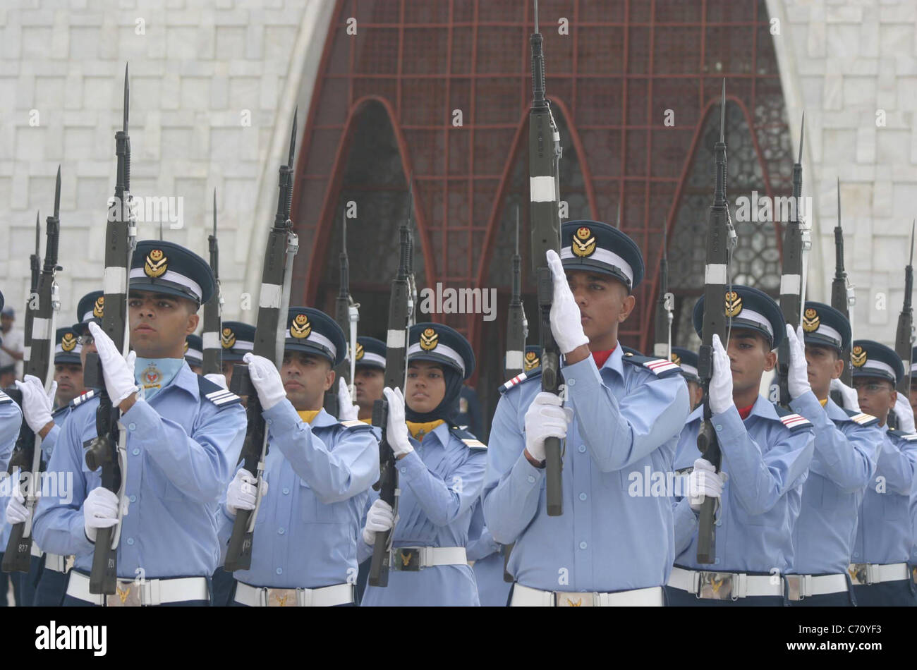 Pakistan Air Force (PAF) cadets parade at the mausoleum of the country ...