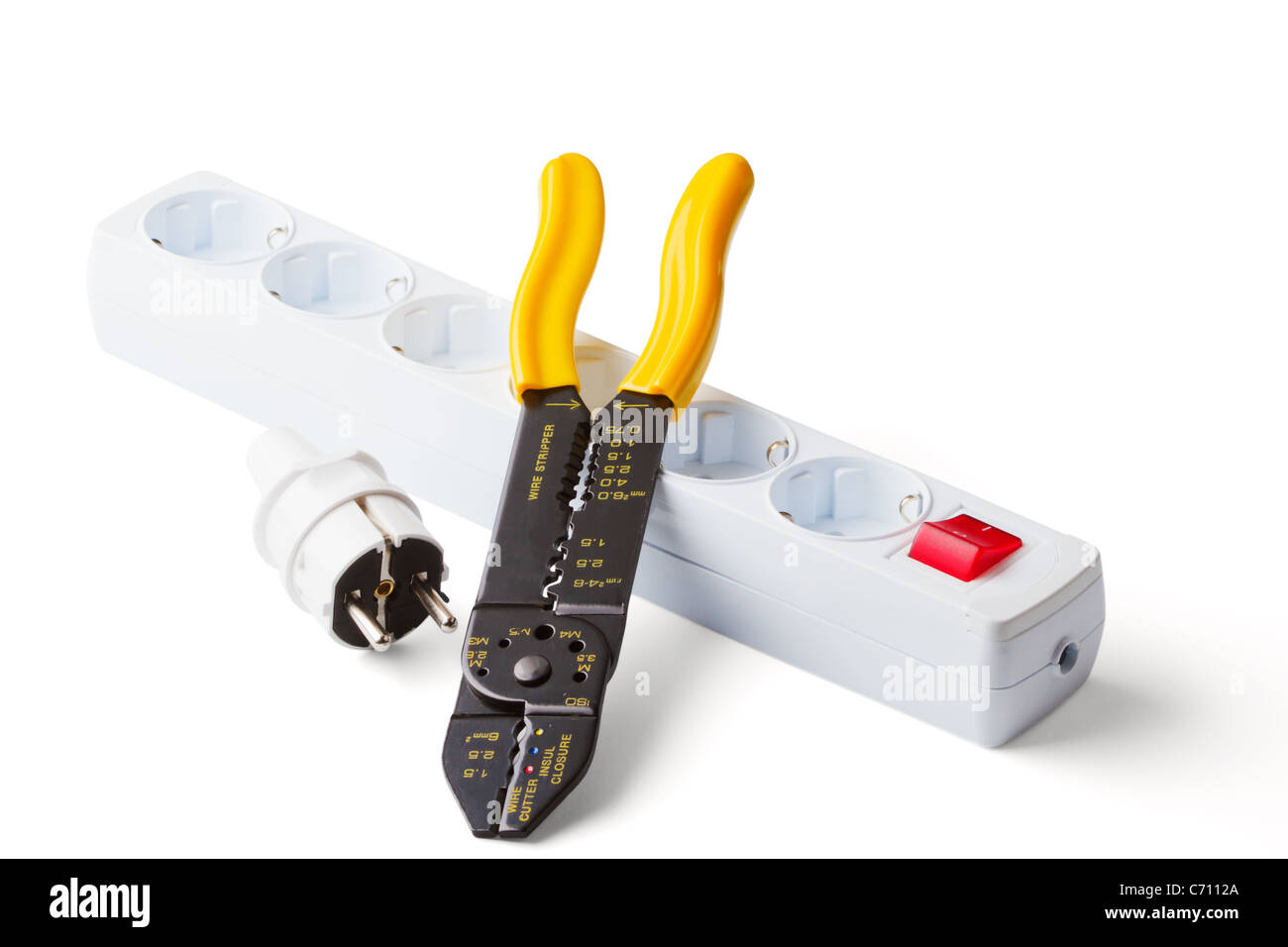 wire stripper, plug and socket isolated on a white background Stock ...