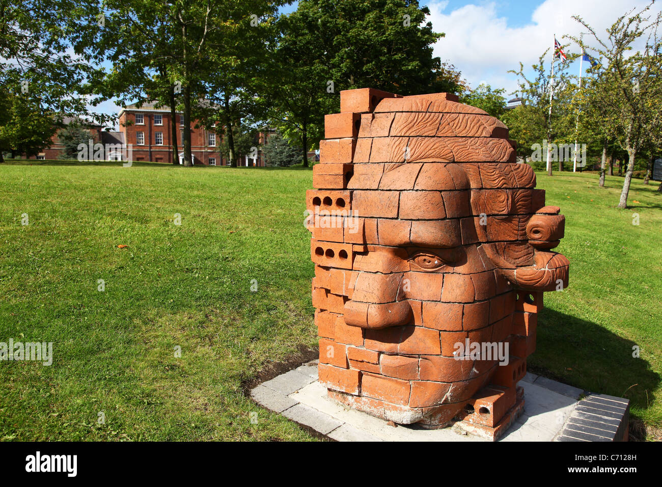 A brick built head of potter Josiah Wedgwood outside Etruria Hall in ...