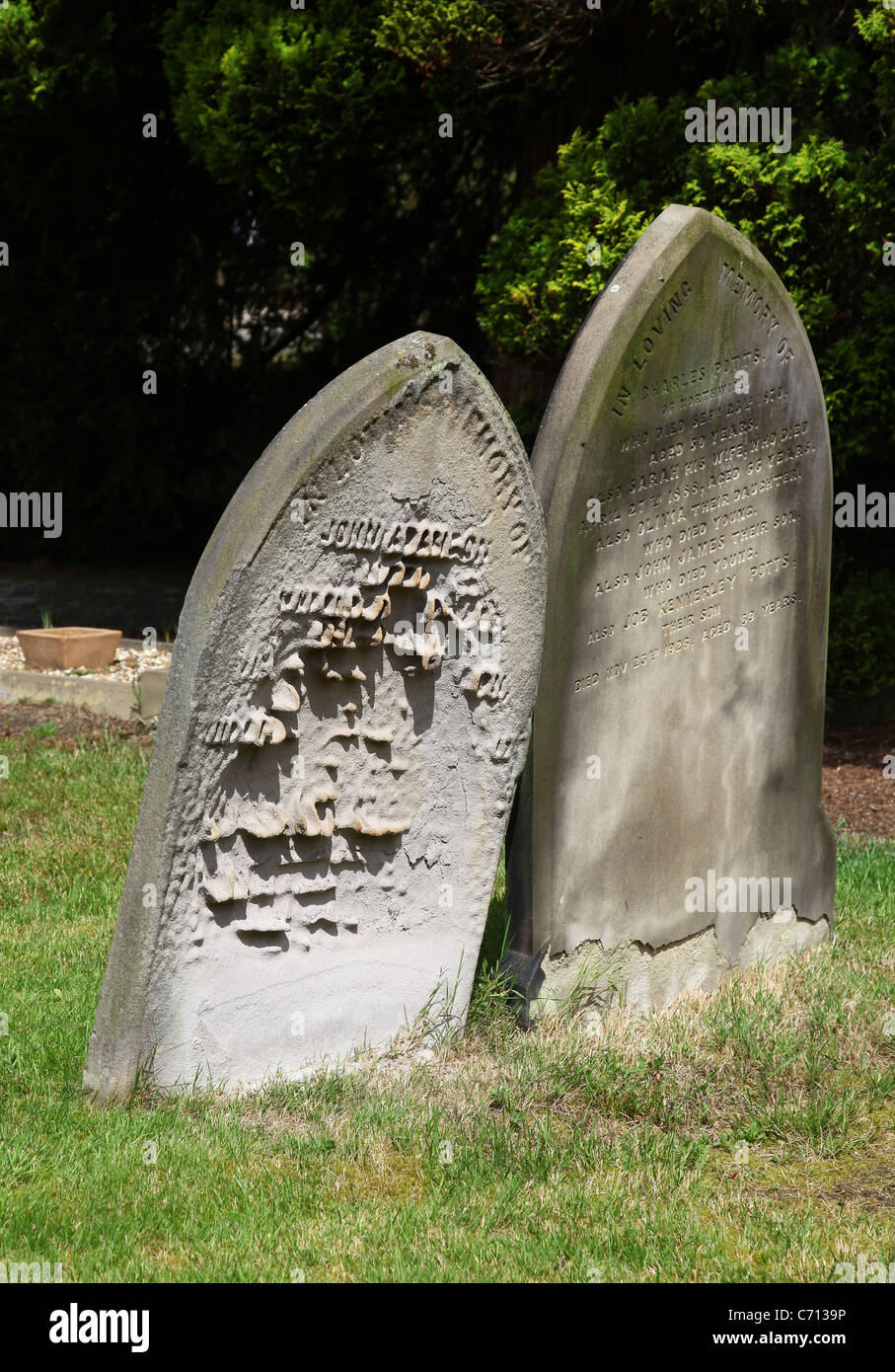 Weather beaten eroded gravestones St Oswald's Church, Lower Peover ...
