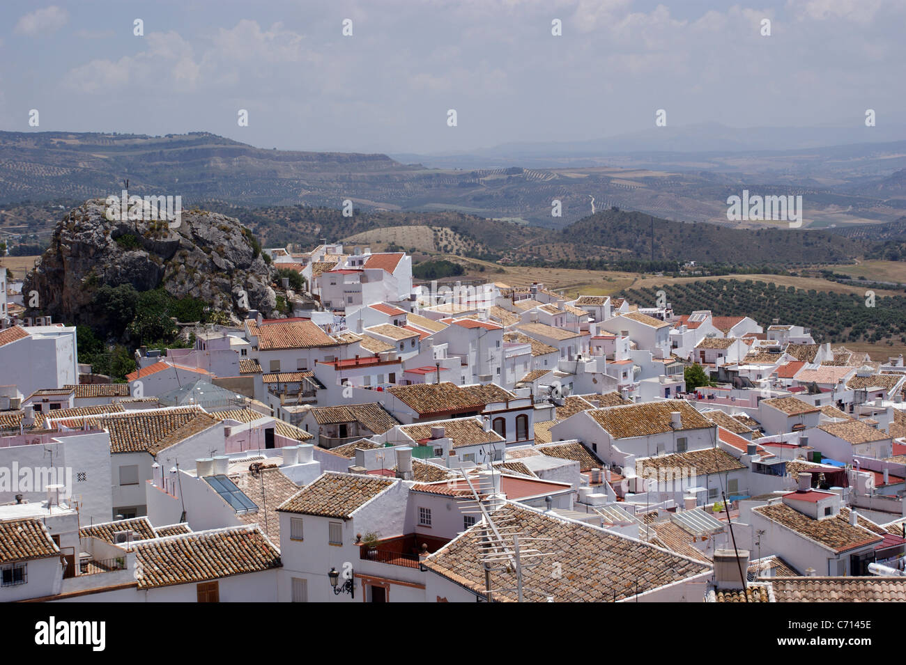 OLVERA TYPICAL SPANISH WHITE VILLAGE VIEW SPAIN ANDALUCIA WITH A ROCK ...