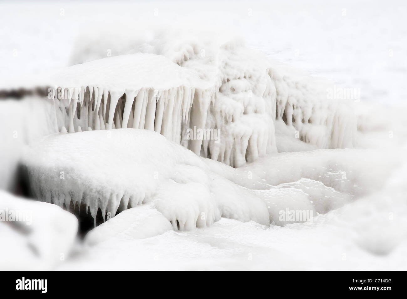 Layers of ice create abstract shapes on the shores of Lake Erie Stock ...