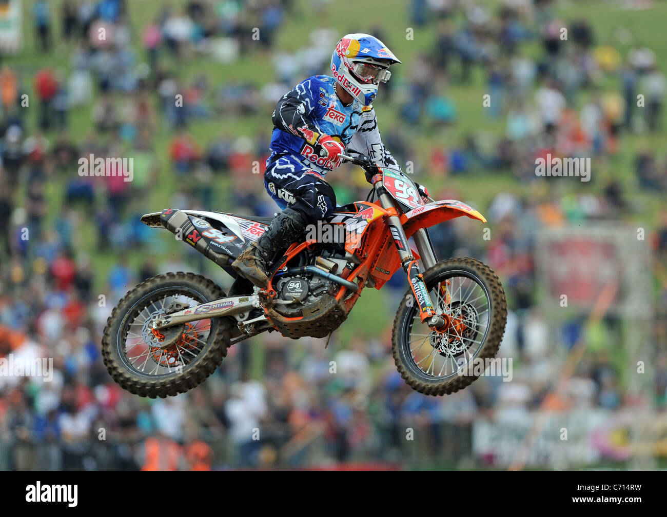 A Motocross Rider jumps through the air on an MX Bike Stock Photo - Alamy