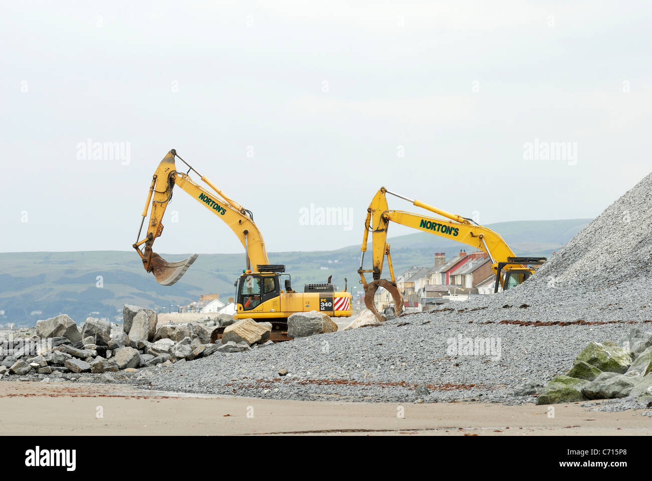 The construction of an artificial reef, part of sea defences for the ...