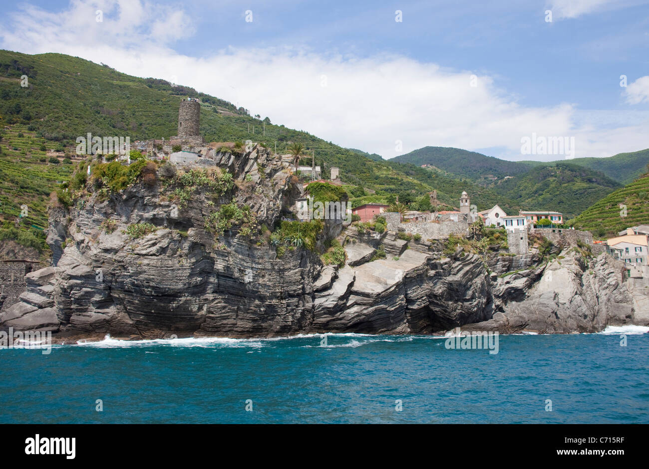 Medieval watchtower at village Vernazza, National park Cinque Terre ...