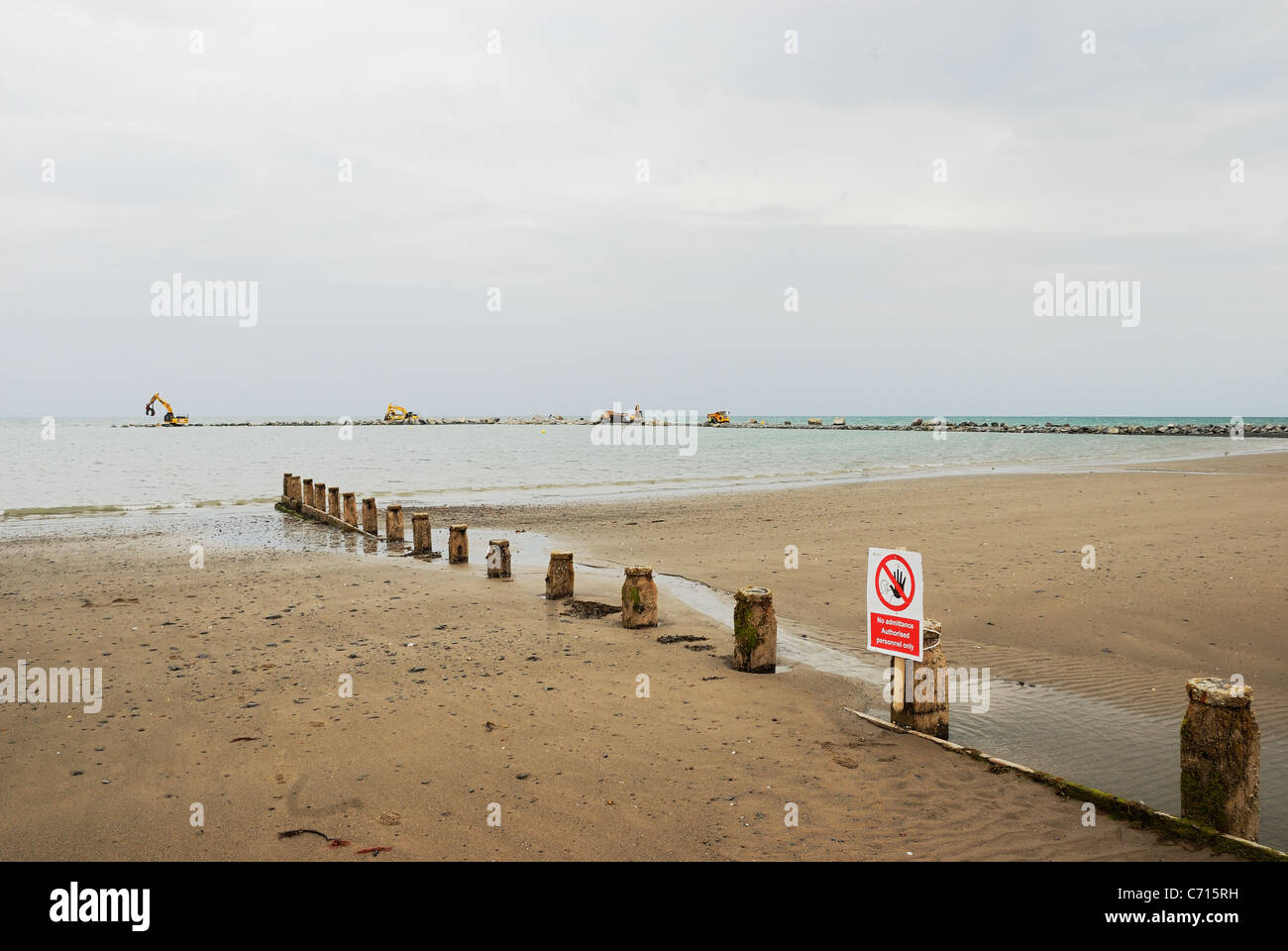 The construction of an artificial reef, part of sea defences for the ...