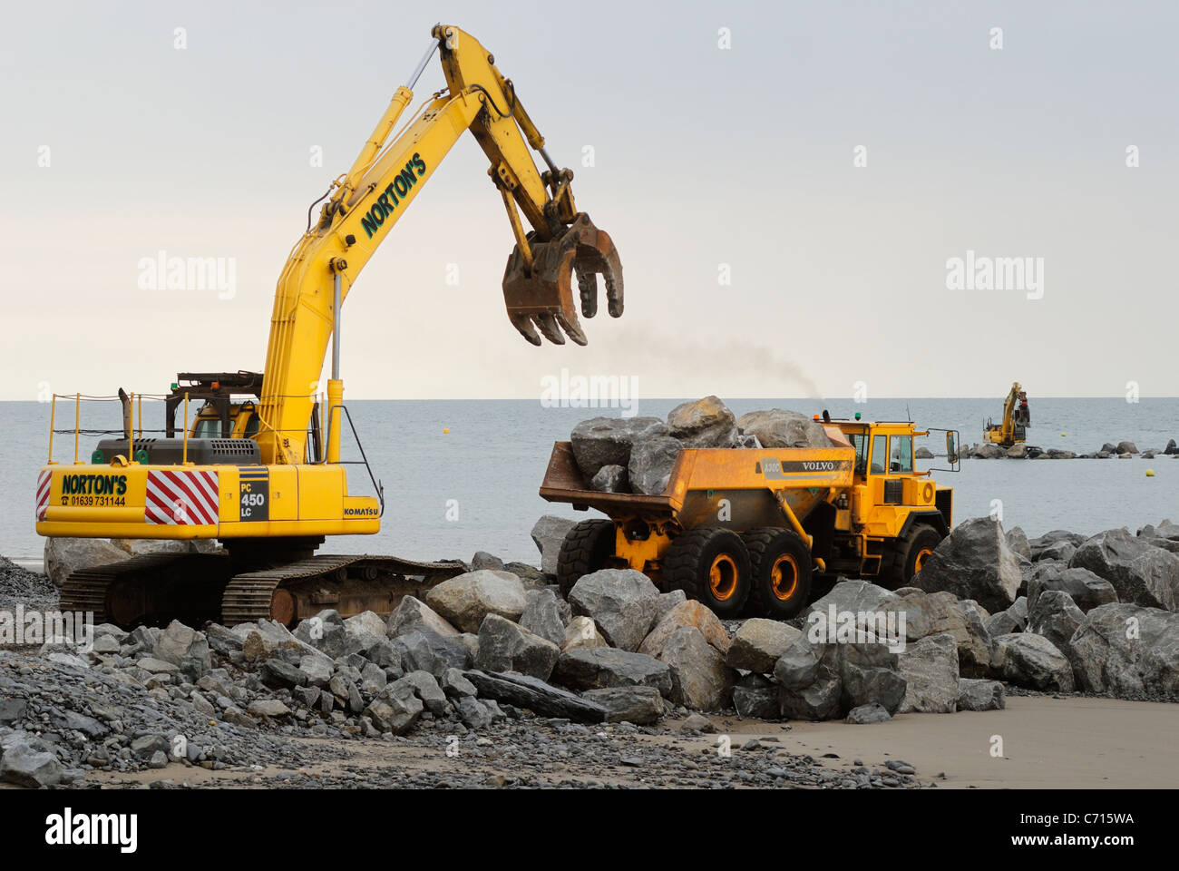 The construction of an artificial reef, part of sea defences for the ...