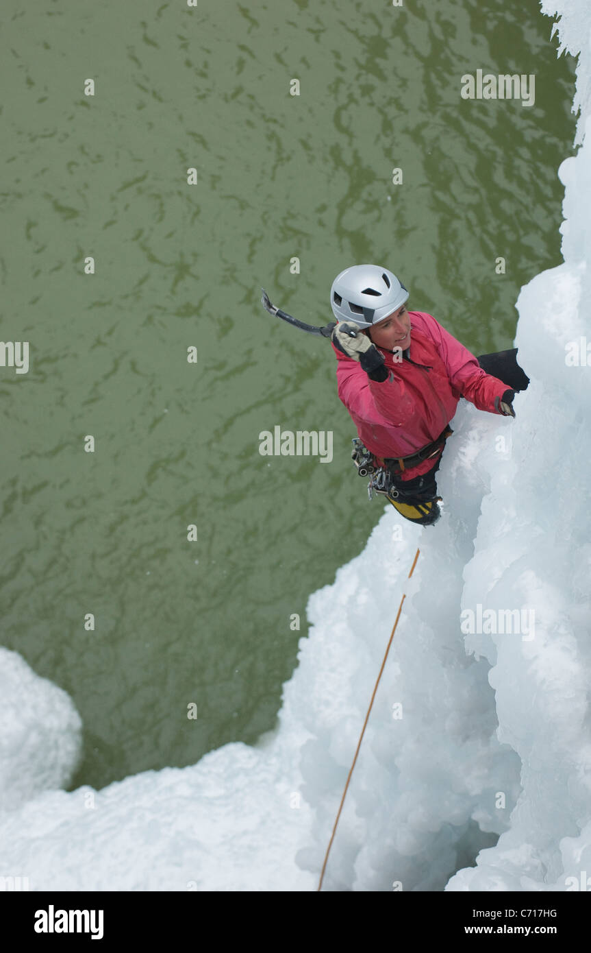 Woman climbing ice above water, Ouray, Colorado Stock Photo - Alamy