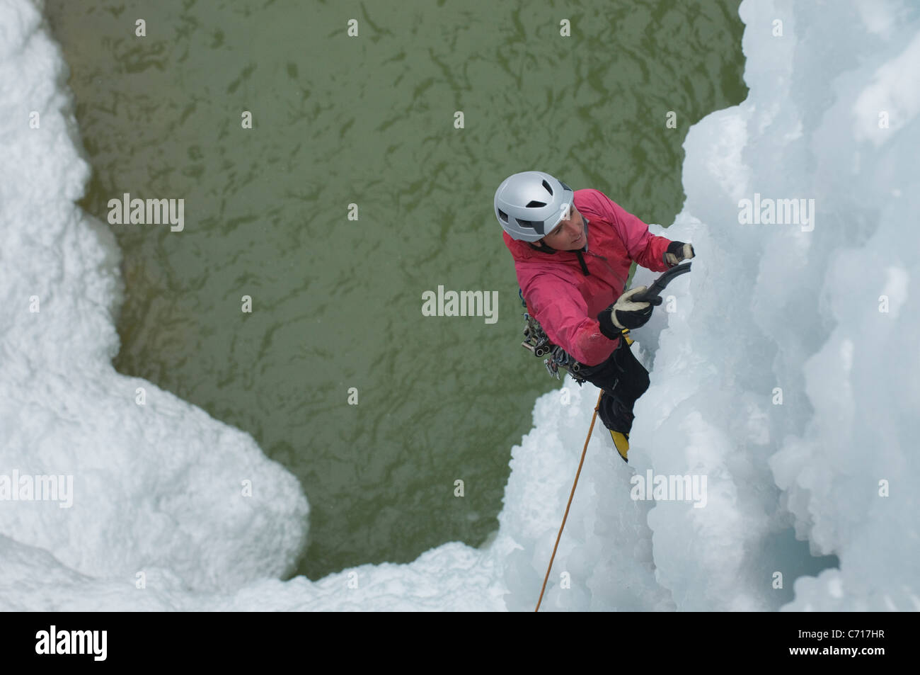 Woman climbing ice above water, Ouray, Colorado Stock Photo - Alamy