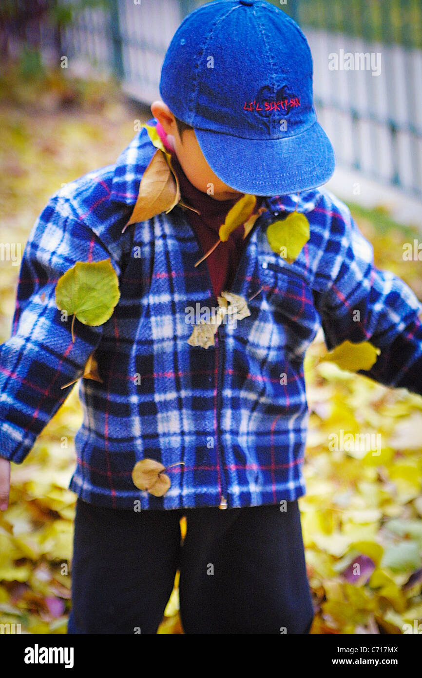 Boy playing with leaves Stock Photo - Alamy