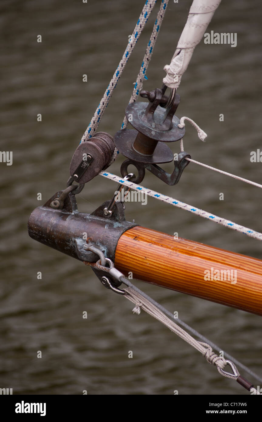 detail of bowsprit of small traditional Norfolk sailing yacht Stock ...
