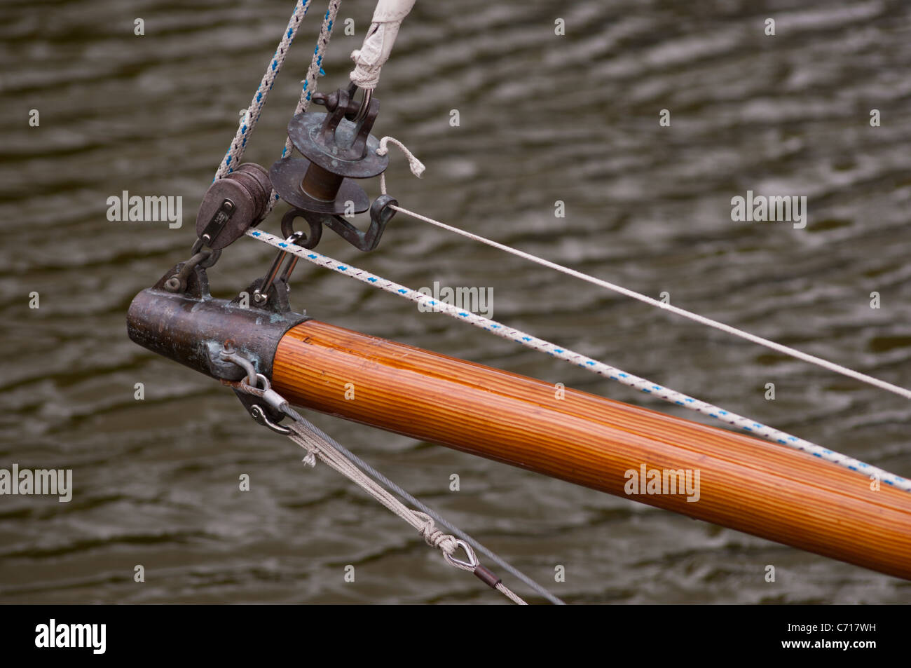 detail of bowsprit of small traditional Norfolk sailing yacht Stock ...