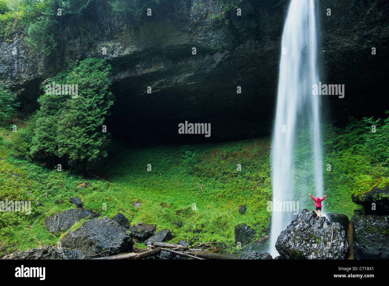 Woman below waterfall, Silver Falls State Park, Salem, Oregon Stock ...