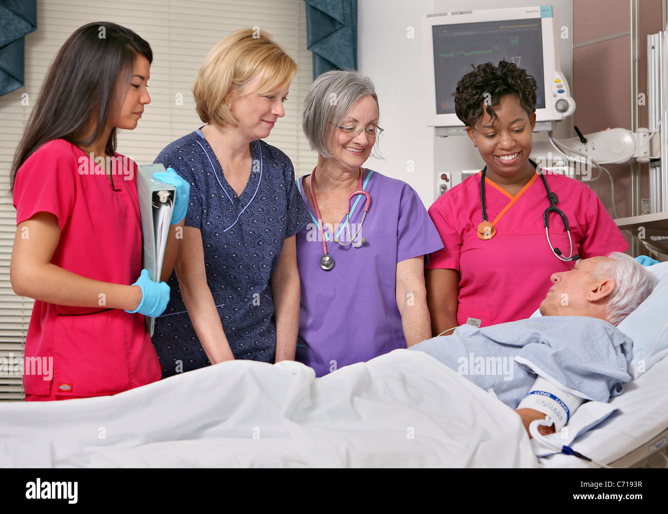 Nurses talk to a patient in a hospital room Stock Photo - Alamy