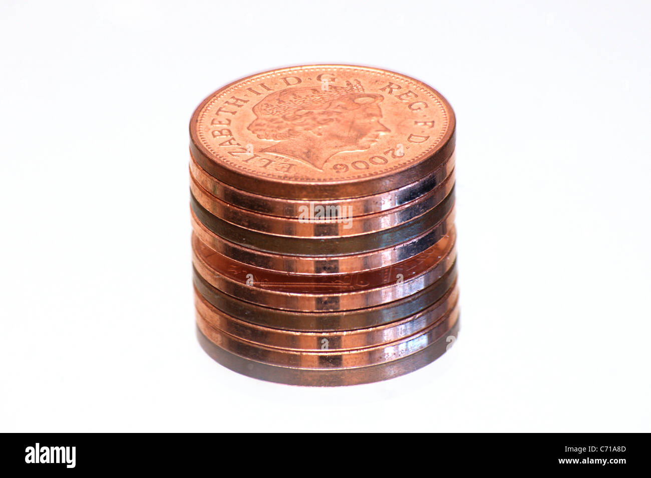 A straight pile of five, two pence coins reflected in a mirror Stock ...