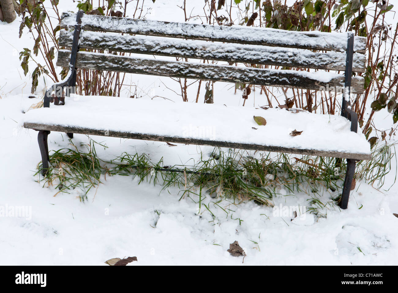Garden bench covered in snow winter Stock Photo - Alamy