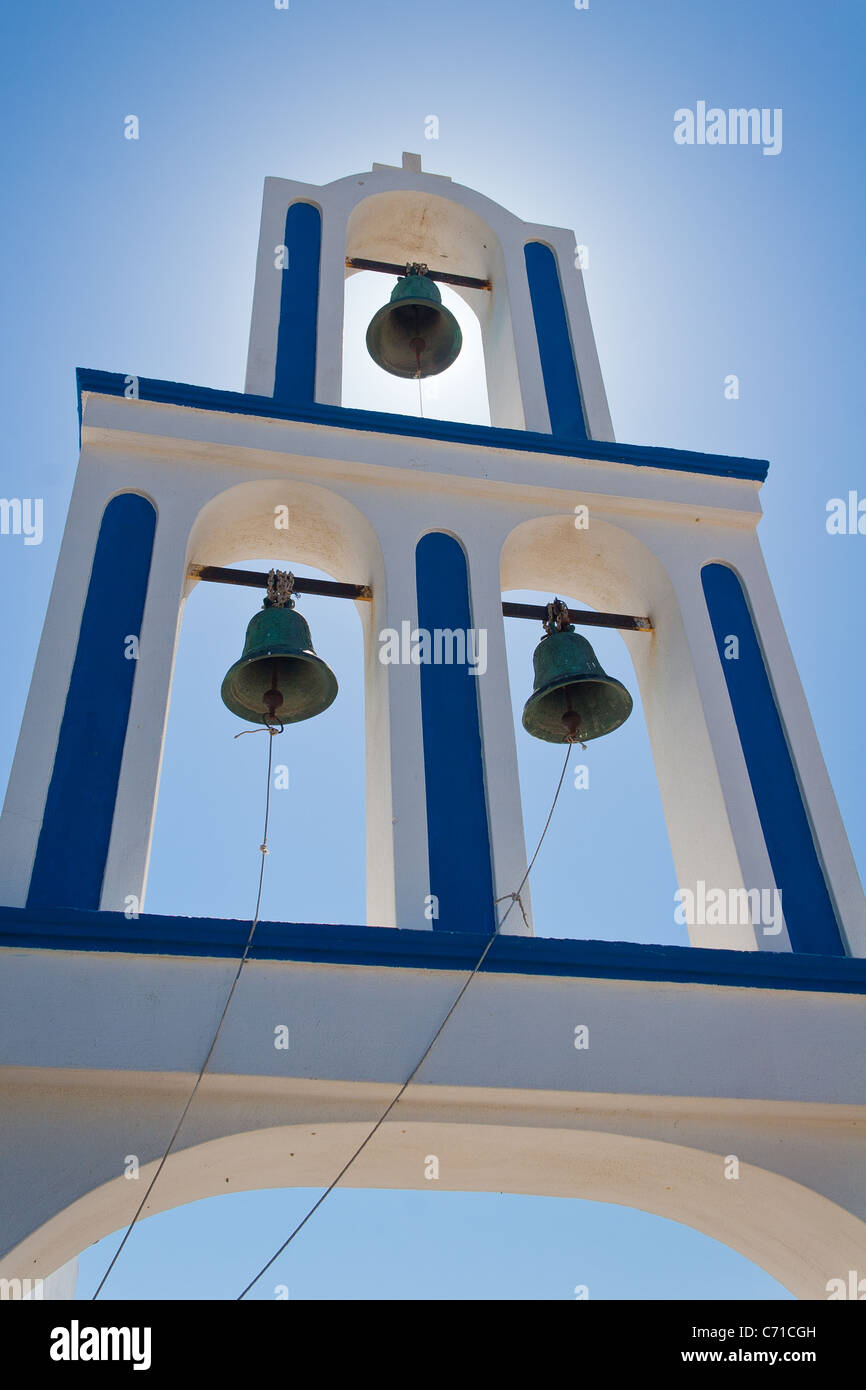 Blue and white Greek church bell tower at Exo Gonia, Santorini, Greece ...