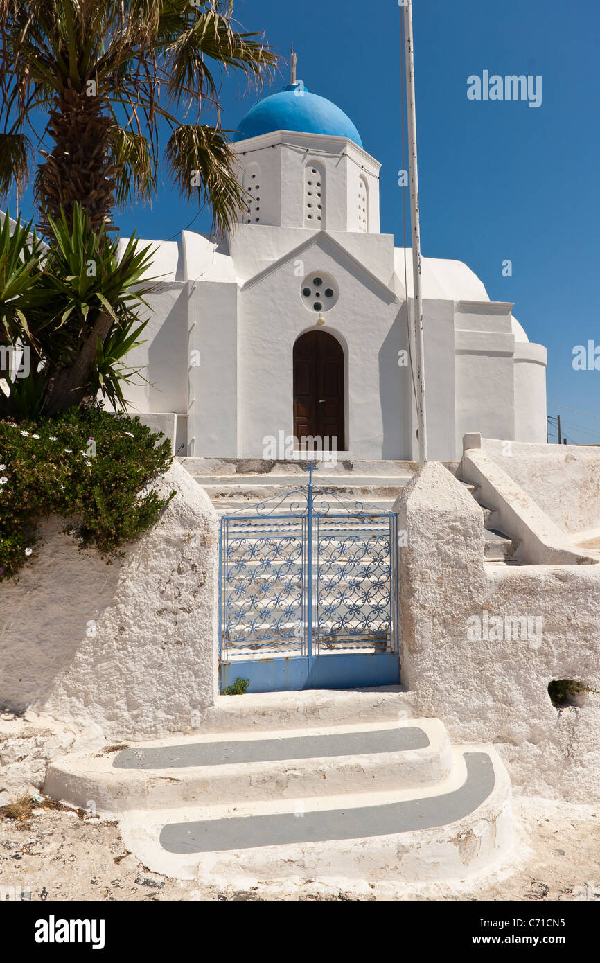 Blue domed white Greek church at Exo Gonia, Santorini, Greece Stock ...