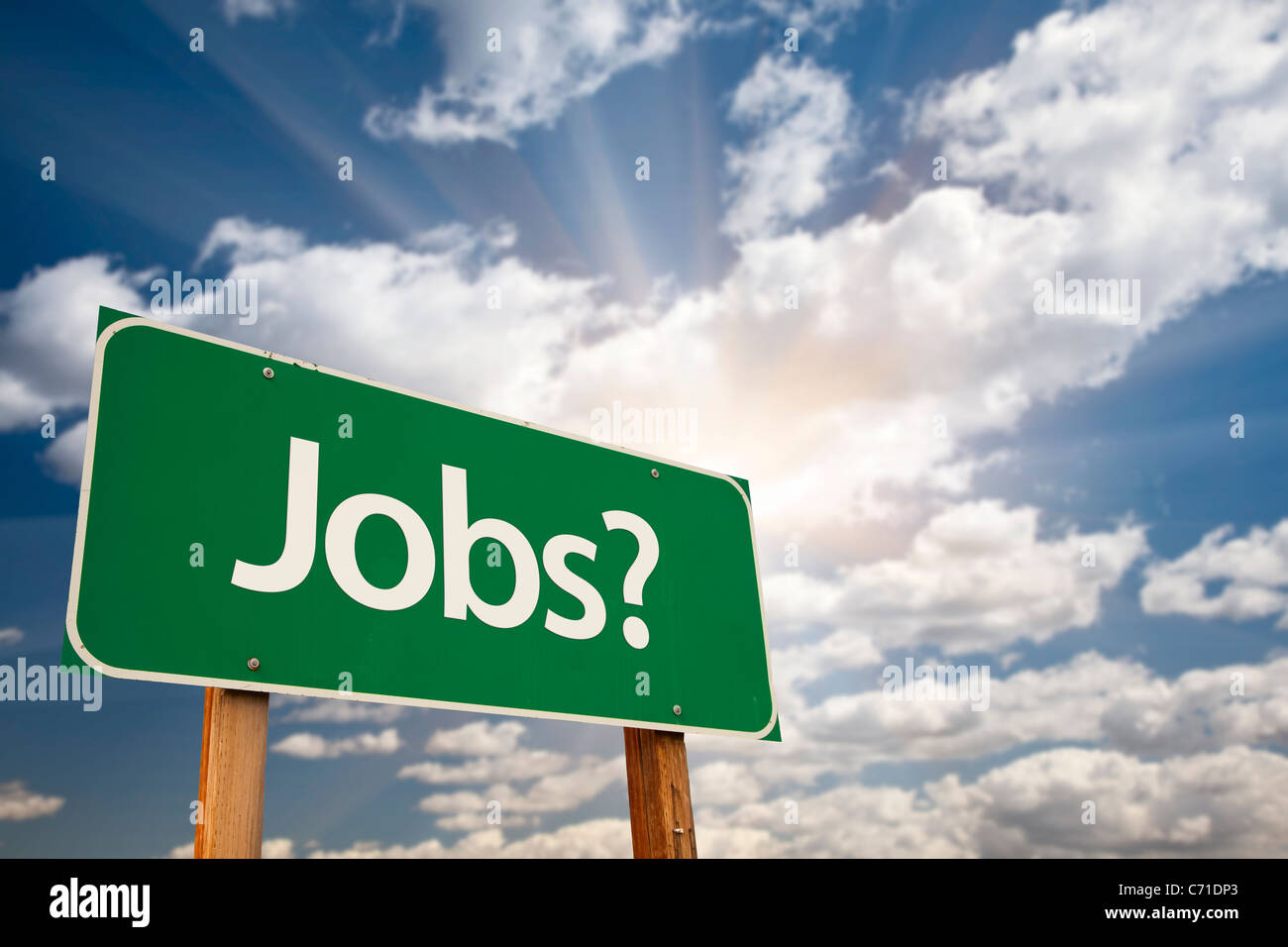 Jobs? Green Road Sign Against Dramatic Sky, Clouds and Sunburst Stock ...