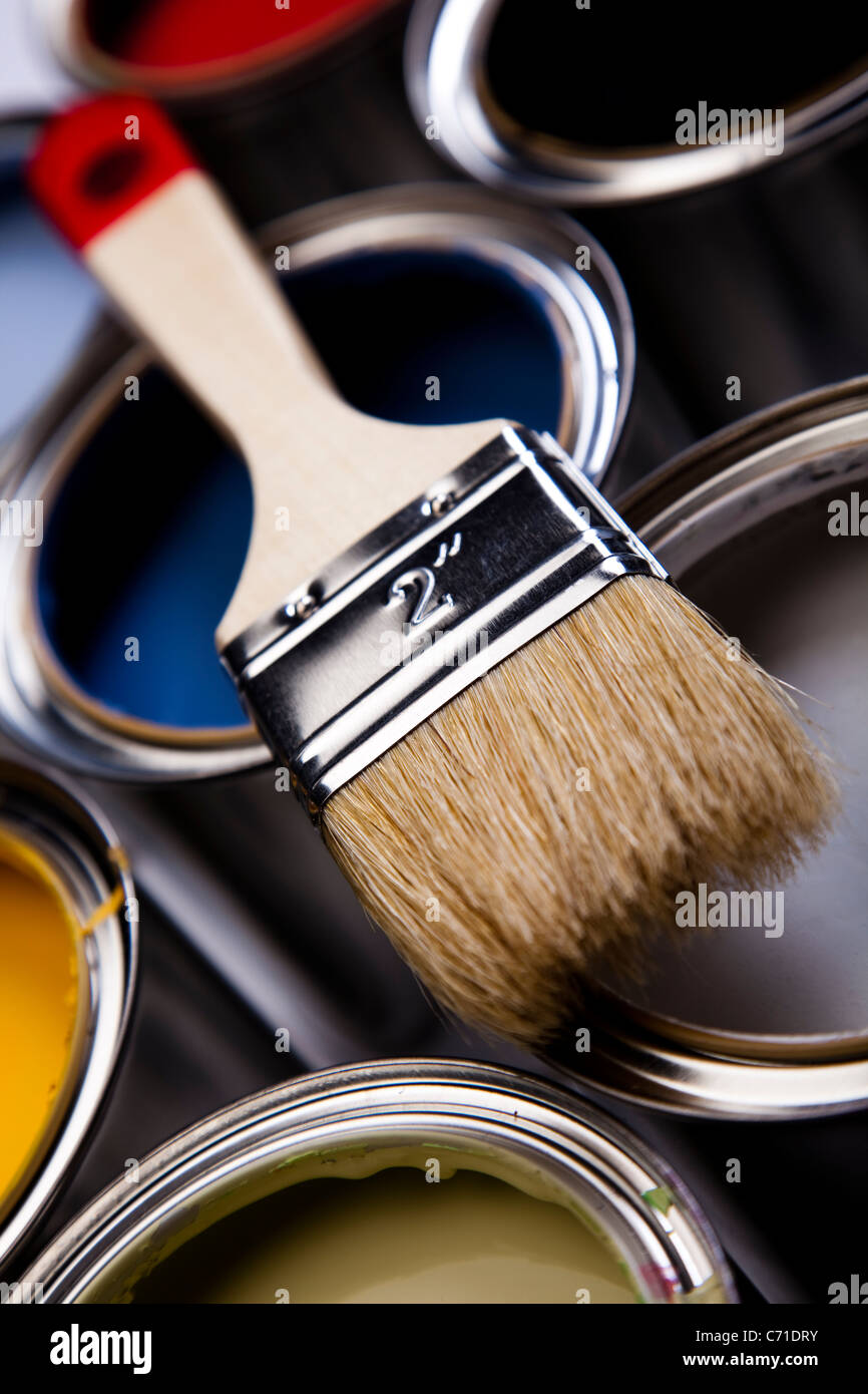 Paint buckets, paint and brush Stock Photo - Alamy