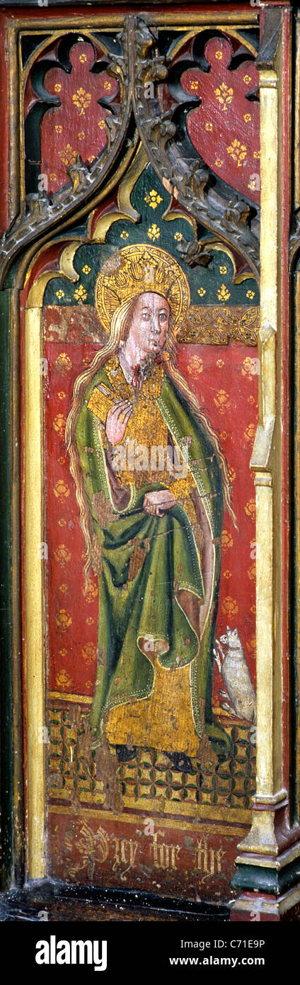 Cawston, Norfolk, rood screen. St. Agnes with a lamb female saint ...
