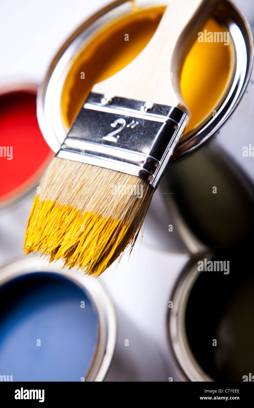 Paint brush and cans Stock Photo - Alamy