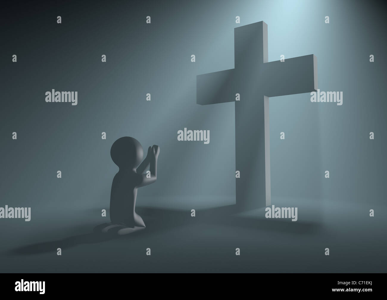 render of a figure praying in volumetric light Stock Photo - Alamy