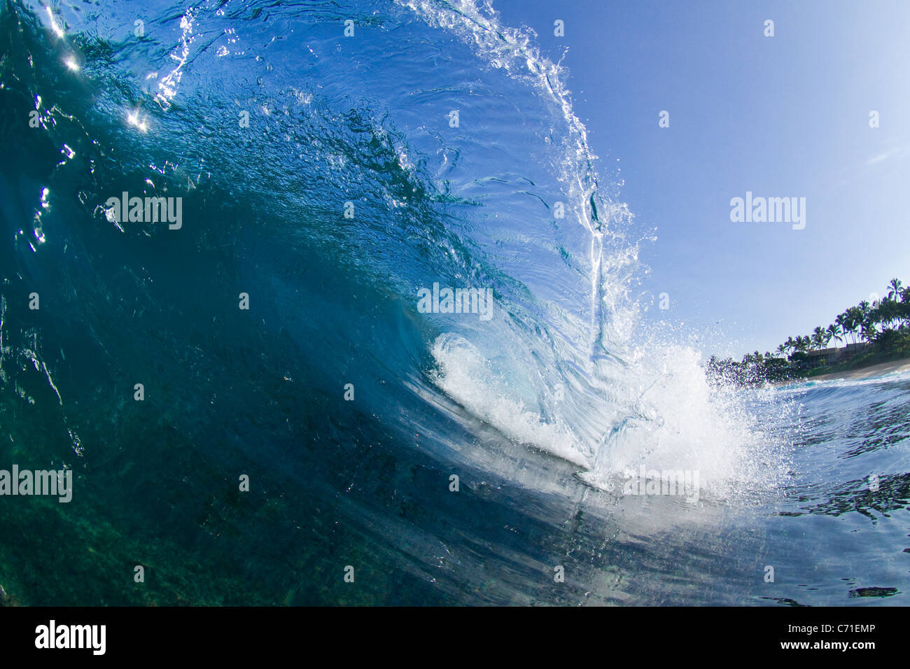 An ocean wave rolling towards the shore, on the north shore of Oahu ...