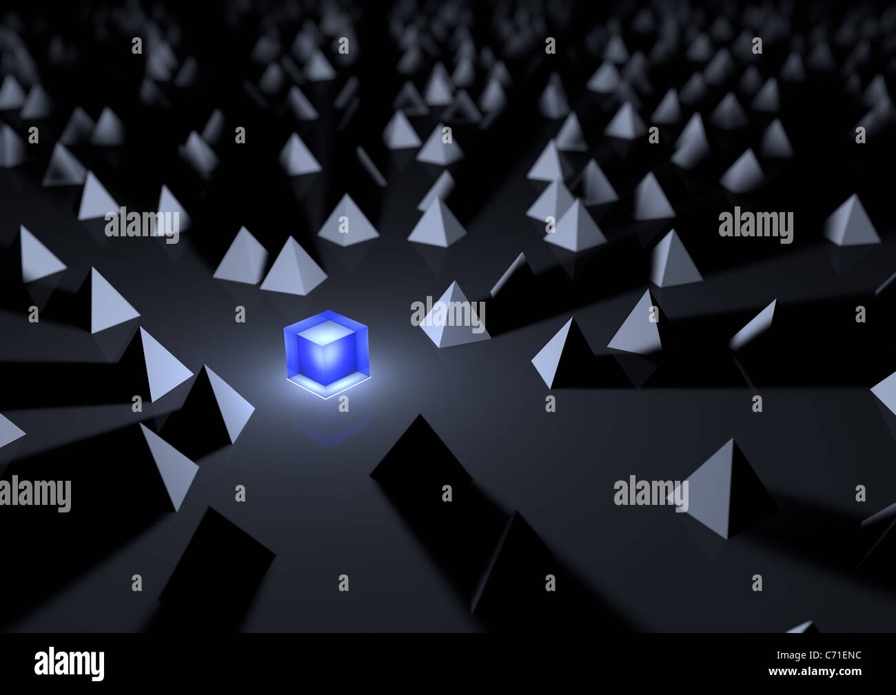 render of a glowing cube amongst ordinary pyramids Stock Photo - Alamy