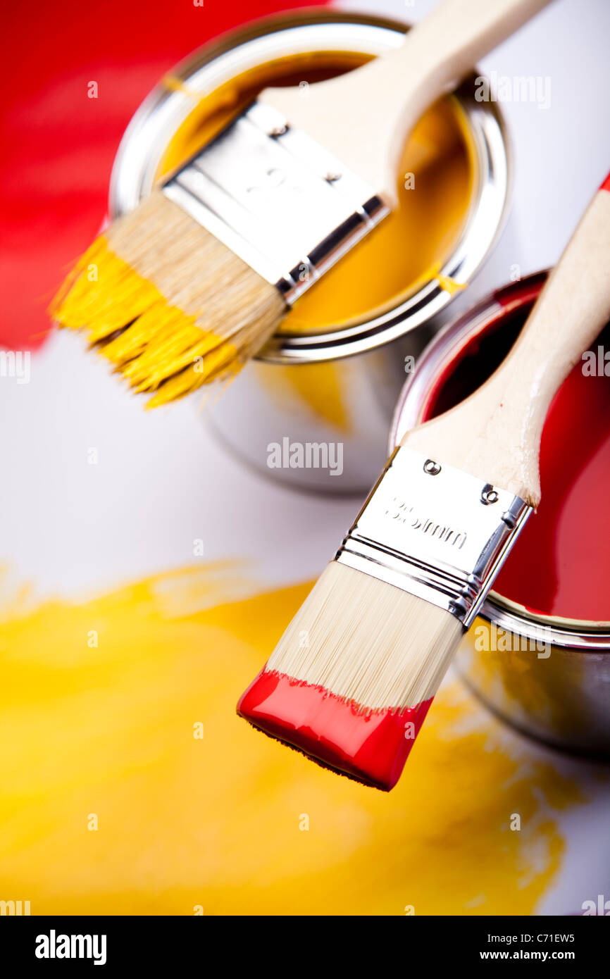 Paint buckets, paint and brush Stock Photo - Alamy