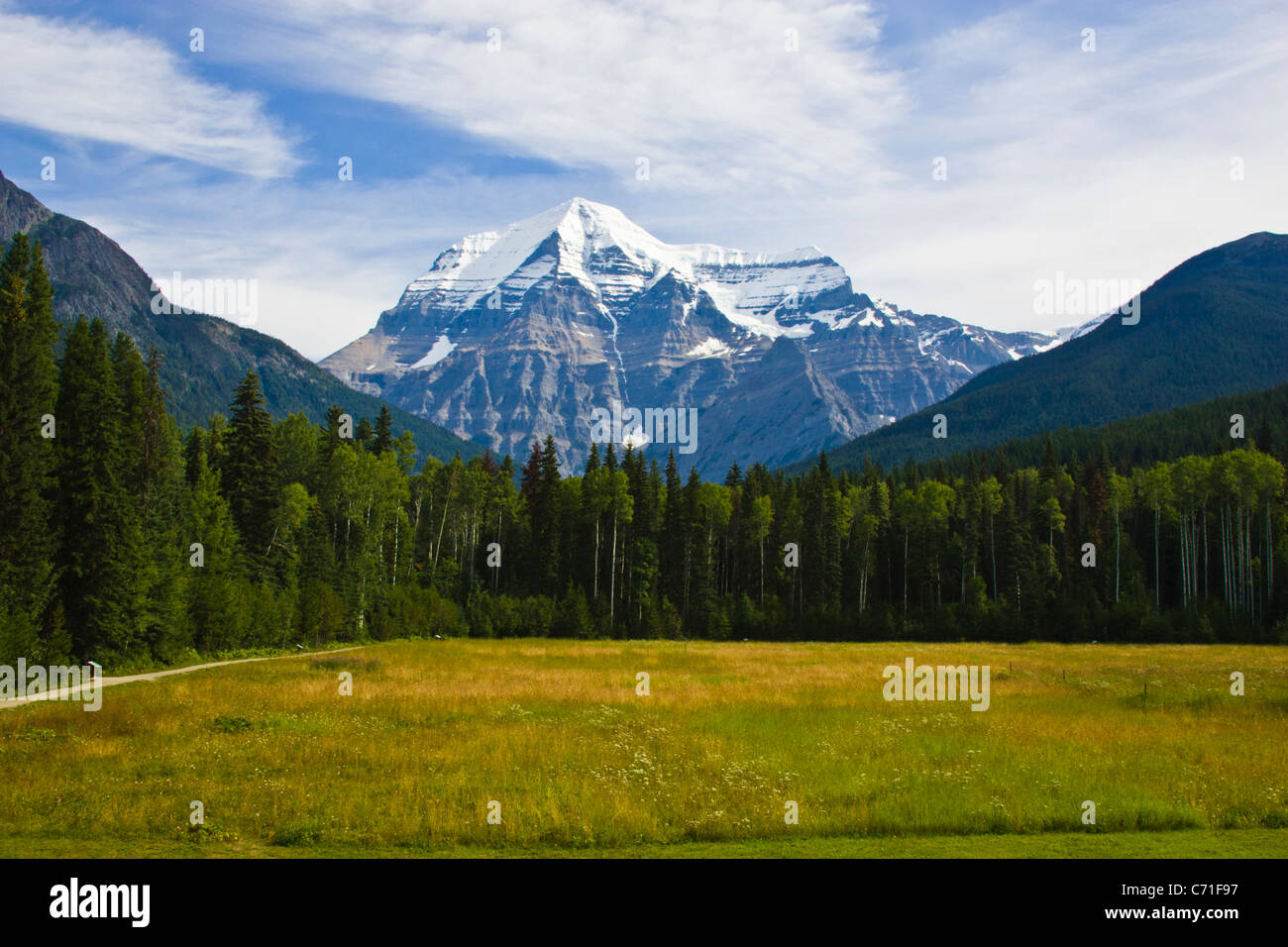 Mount Robson, the highest peak in the Canadian Rockies, at Mount Robson ...
