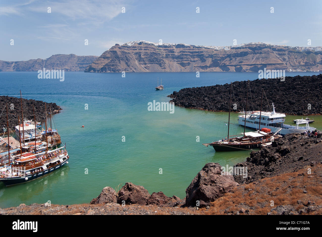 Sea filled volcanic Caldera in centre of Santorini Greece Stock Photo ...