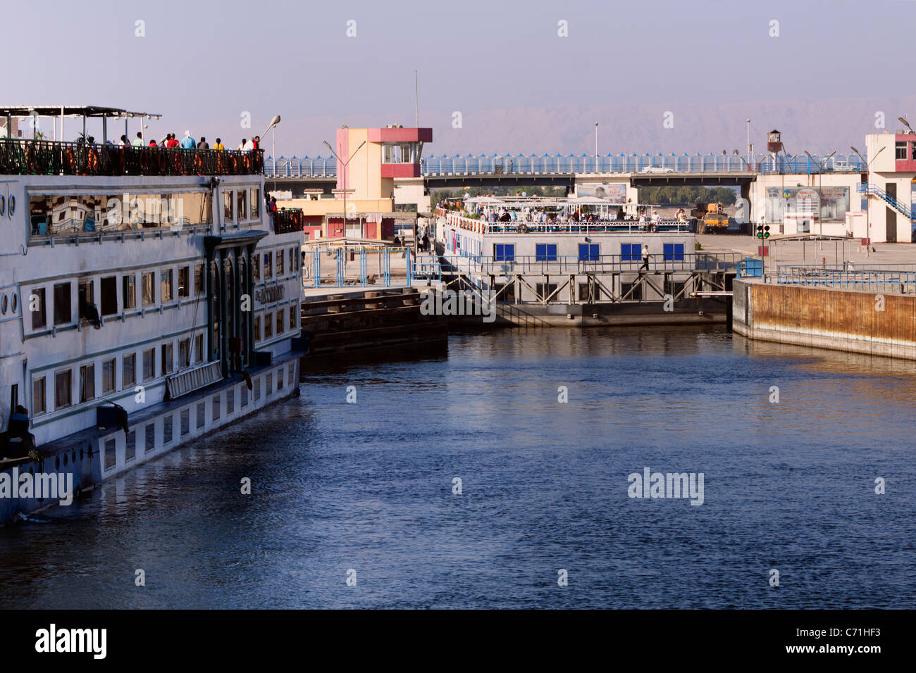 River Nile Cruise Ships queue to pass through the new locks at Esna ...